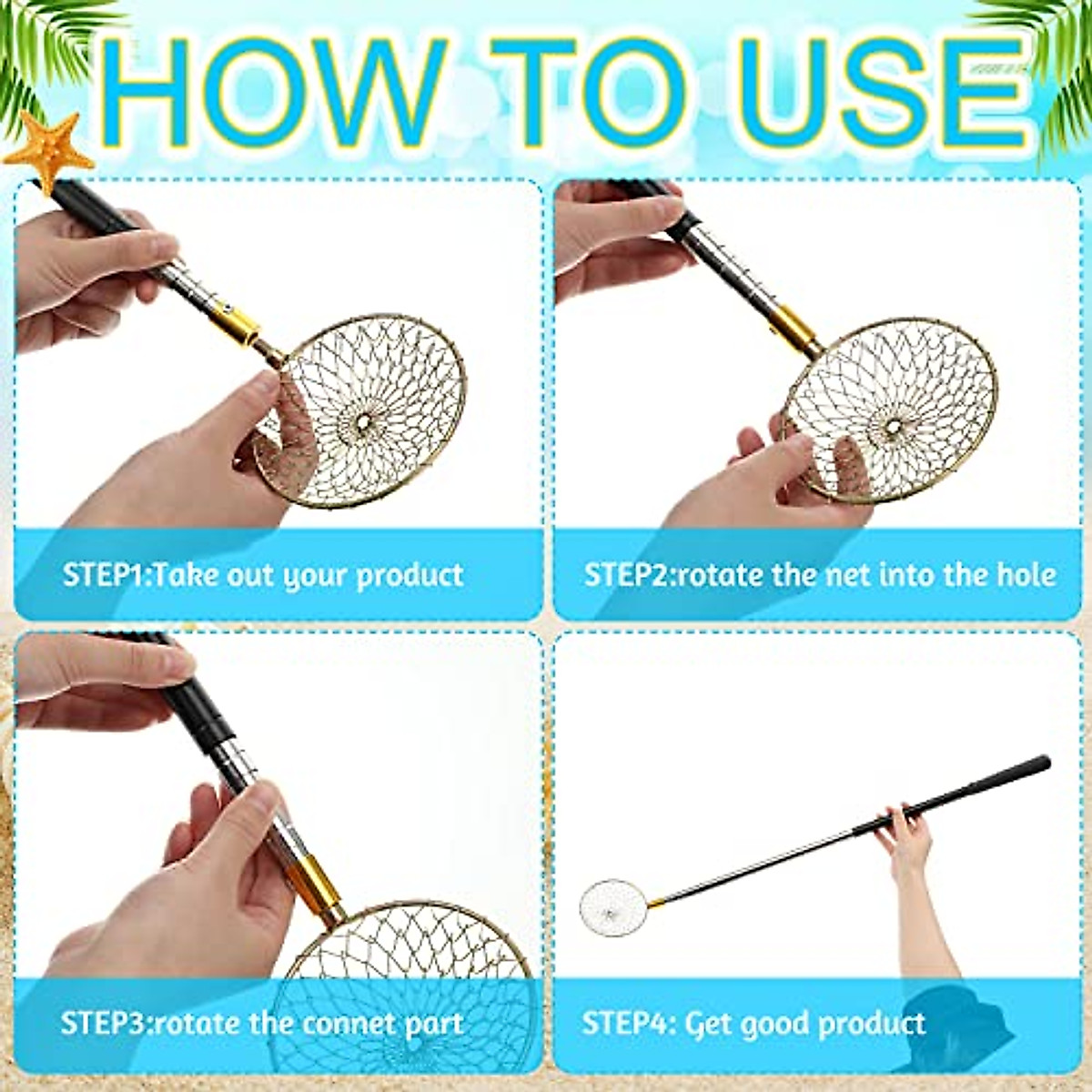 Jenaai 4 Pcs Beach Scoop Multifunction Sand Sifter Long Handle Adjustable Shell Scooper for Beachcombing Rock Scooper for Rock Hunting Shelling Tool, 16.54 Inch to 58.27 Inch