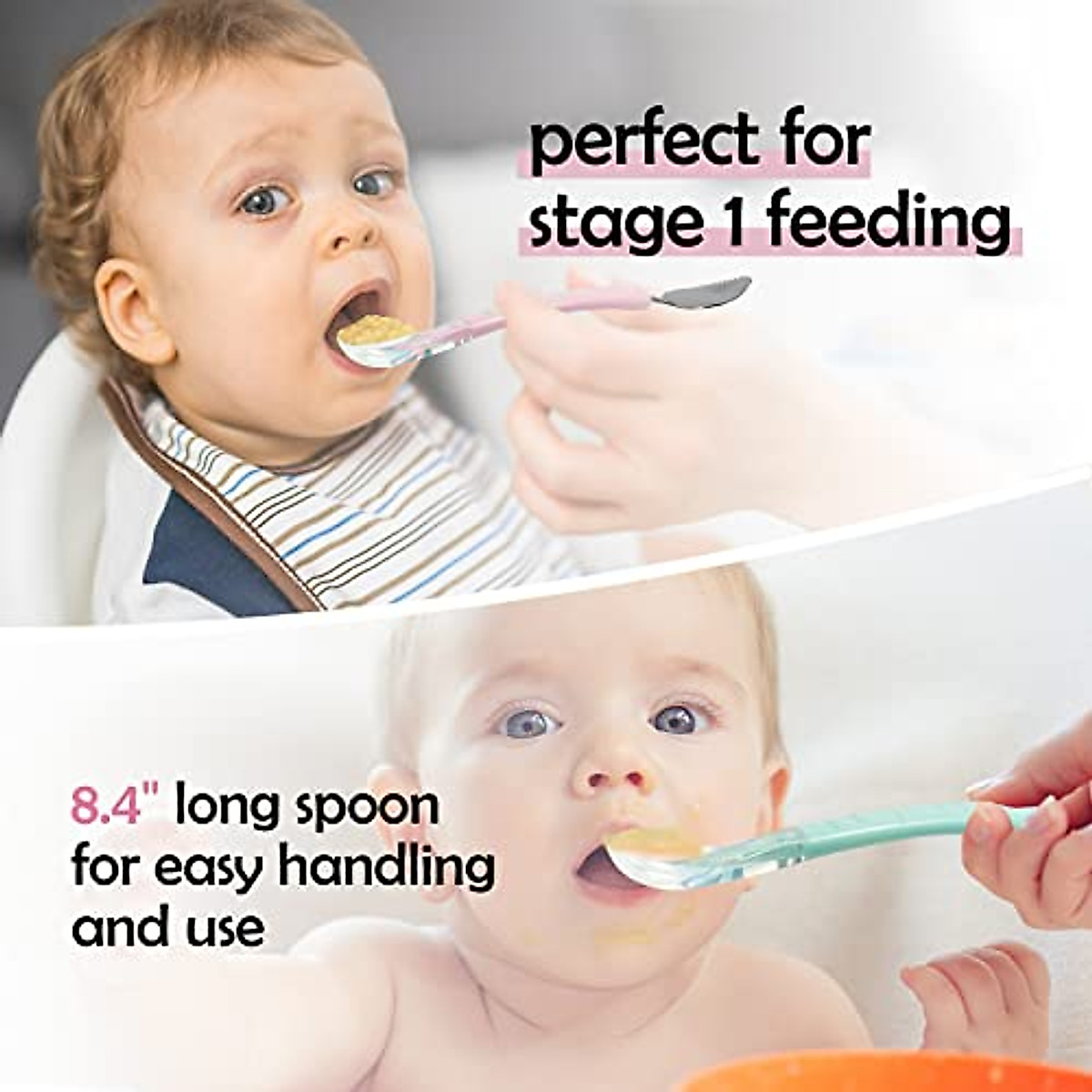 Baby Feeding Spoon, ROPOSY Double-Ended Silicone Baby Spoon, BPA-Free First Upward Self Feeding Baby Utensils for 6 Months+, 1-Pack, 2 Spoons in Cyan/Pink