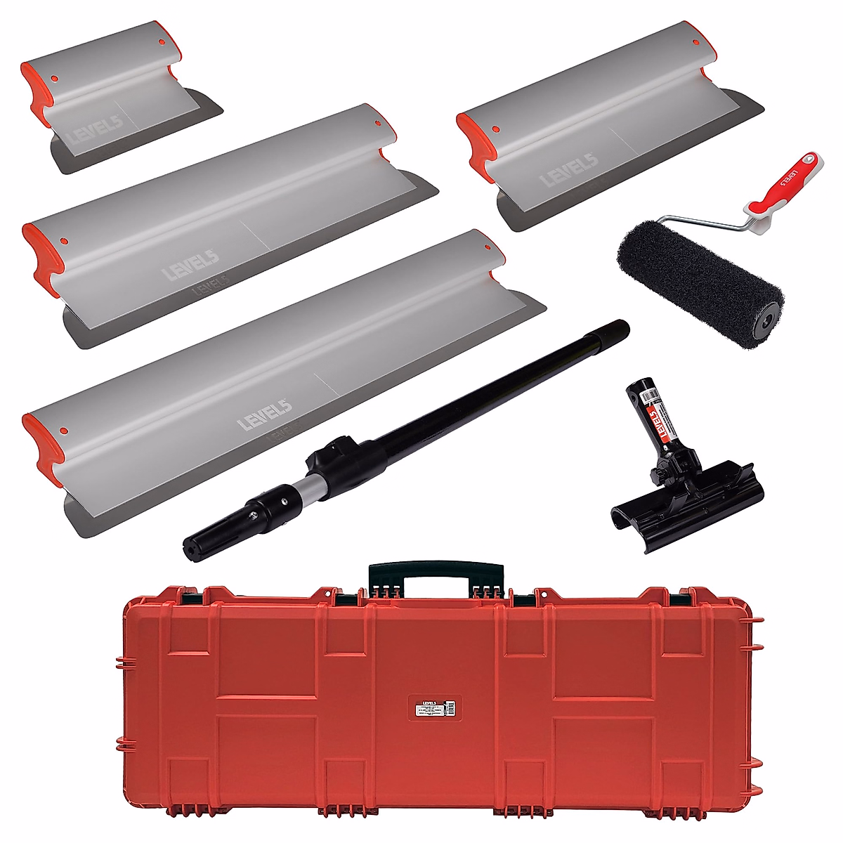 LEVEL5 Skimming Blade Set with Case | 10, 16, 24, 32 Inch Skimming Blades, 37-63 Inch Extendable Handle, Compound Roller & Transport Case | for Smoothing Walls and Ceilings | 5-550