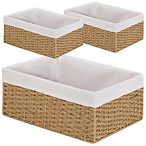 Vagusicc Wicker Storage Basket, 3-Pack Woven Paper Rope Wicker Baskets with Handles, Large Wicker Basket Cube Storage Bins with Liners, Storage Baskets for Organizing Shelves & Decor, Natural
