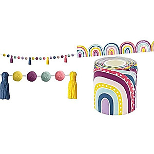 Oh Happy Day Pom-Poms and Tassels Garland & Oh Happy Day Rainbows Die-Cut Rolled Border Trim - 50ft