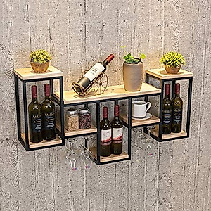 Wine Holder Wine Bottle Glass Rack, Wood Metal Combined Wall Storage Shelf Holder, Wine Cabinet Wall-Mount Wine Goblet Stemware Rack
