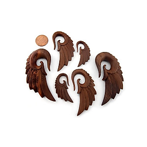 Urban Body Jewelry Pair of 1/2" Gauge (12mm) Saba Wood Angel Wing Spiral Plugs