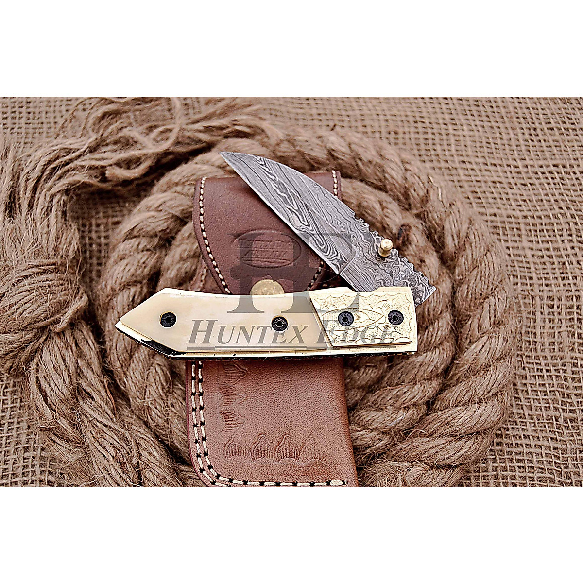 HUNTEX Custom Handmade Hand-Forged Twist Pattern Damascus Steel 4 Inch Long Natural Camel Bone Handle Razor Sharp Camp Hunting Folding Pocket Sheepsfoot Knife with Pocket Clip & Genuine Leather Pouch