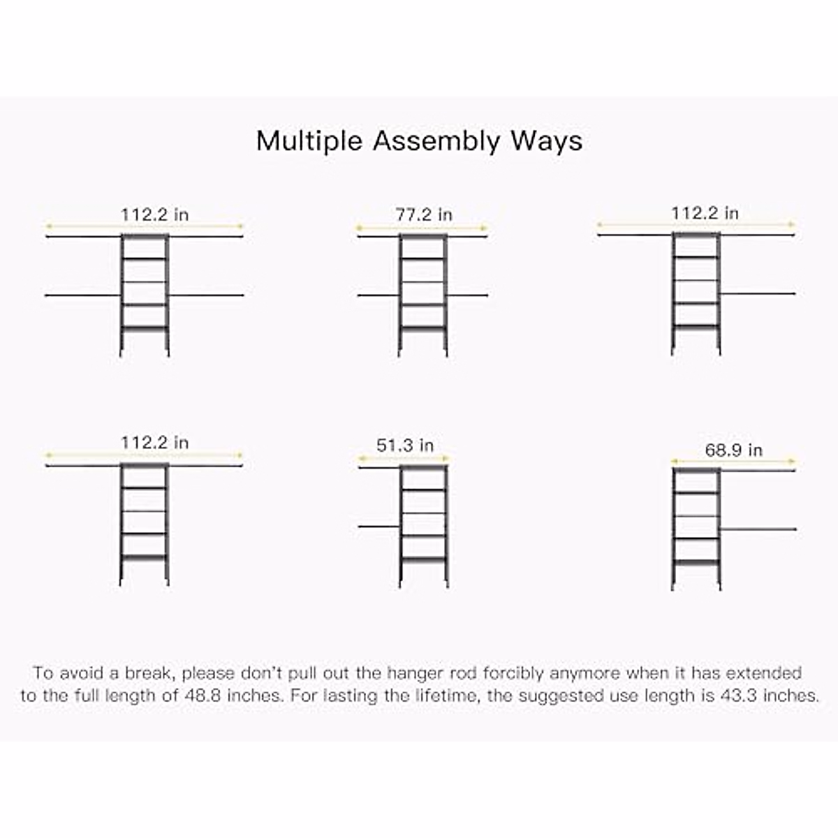 Ulif M3 Clothes Rack Closet Organizer and Storage System 3 Tiers Built-in Wall Mounted Heavy Duty Garment Rack with 4 Expandable Hanger Rods, Fits Space 4.3-9.3 ft, 72.2"H, Load Capacity 710LBS, Black