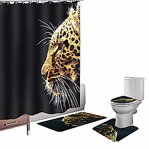 Amagical 16 Pieces Black Leopard Bath Mat Set Shower Curtain Set Bathroom Mat Contour Mat Toilet Cover Shower Curtain 12 Hooks