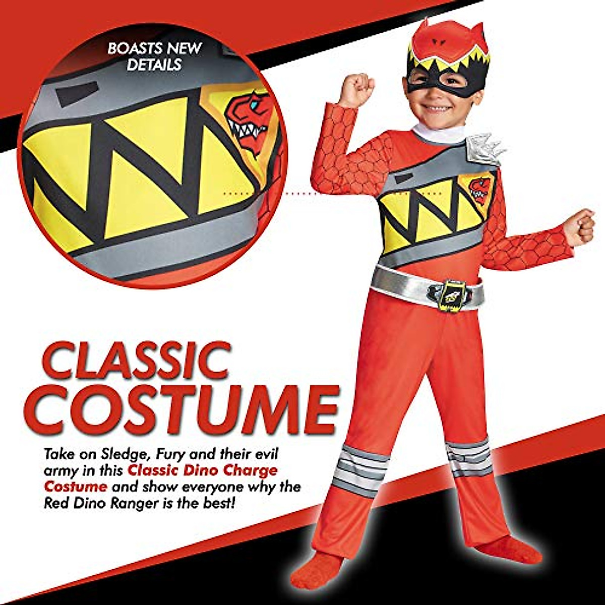 Red Power Rangers Costume for Toddlers. Official Licensed Red Ranger Dino Charge Classic Power Ranger Suit with Mask for Boys & Girls, Large (4-6)