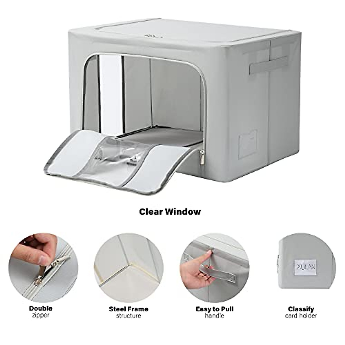 XULAN 66L Oxford Clothes Storage Bins, 2 Pack Large Metal Frame Storage Bins Stackable with Clear Window | Carry Handles for Seasonal Clothing, Bedding, Toys (Grey)
