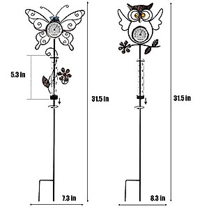 Juegoal 31.5 Inch Rain Gauge with Thermometer, Butterfly & Owl Garden Stakes Decor, Waterproof Rustproof Metal Yard Art Outdoor Lawn Pathway Patio Decorations, Set of 2