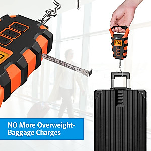 AMIR Digital Fishing Scale with Ruler, 15g/50kg Electronic Digital Luggage Scale, 110lb Max Fishing Postal Hanging Hook Scale with Measuring Tape, Backlit LCD Display (Batteries Included)