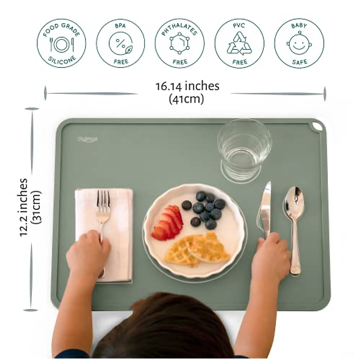 CHAMOS Montessori Placemat for Toddlers - Kids Silicone Mats for Dining Table - Set of 2 - Table Setting Learning (Sage and Beige)