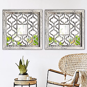 qmdecor Square Rustic Distressed White Framed Wall Decorative Mirror 12x12 inches Modern DIY Fashion MDF Wood Material Wall-Mounted Mirrors Set of 2 Pieces