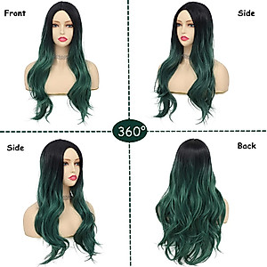 Tseses Green Wig Long Wavy Curly Wigs for Women Ombre Dark Green Synthetic Hair Wigs Dark Roots Hair Women Wig Cosplay Halloween Party Daily Use (Ombre Green)
