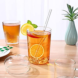 UPKOCH 2 Pcs Glass Cups with Lids and Straws Coffee Tumblers Heat Resistant Milk Cup Clear Drinking Glasses for Bubble Tea Smoothie Coke Soda Home Office Bar
