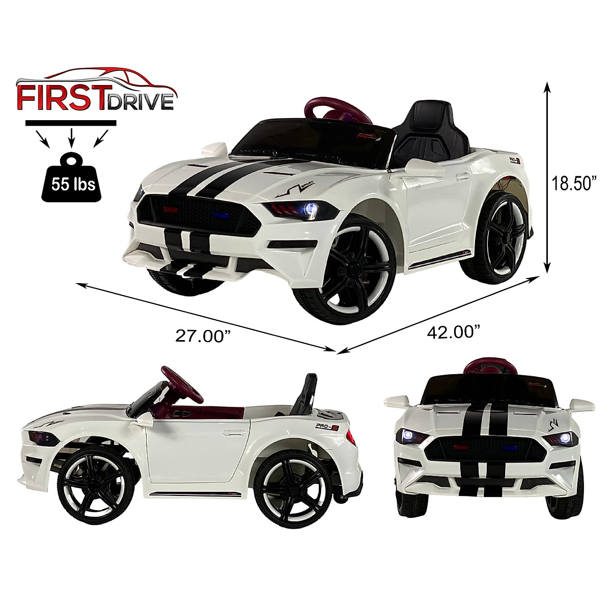First Drive Mustang - Ride on Car - Electric Car for Kids - Kids Car with Parent Remote, MP3 Music Playback, AUX Port, Spring Suspension, LED Lights, Rear Wheel Drive, for Boys/Girls (White)