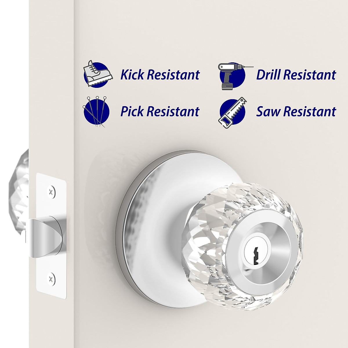 Vammcht Door Knob with Lock, Crystal Door Knobs Interior with Keys, Modern Diamond/Glass Door Lock Heavy Duty for Bedrooms Entrance Office, Polished Chrome Door Handles