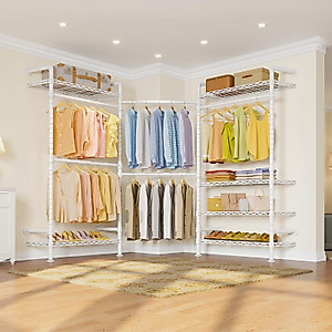 Timate L3 L Shape Garment Rack Heavy Duty Clothes Rack for Hanging Clothes, Expandable Industrial Pipe Wall Mounted Clothing Rack, Adjustable Corner Closet Wardrobe Closet Kit Closet Systems, White