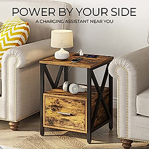Rolanstar End Table with Wireless Charging Station, Nightstand with Power Outlet & USB Ports, Farmhouse Side Table with Drawer Storage Shelf for Living Room, Bedroom, Rustic Brown