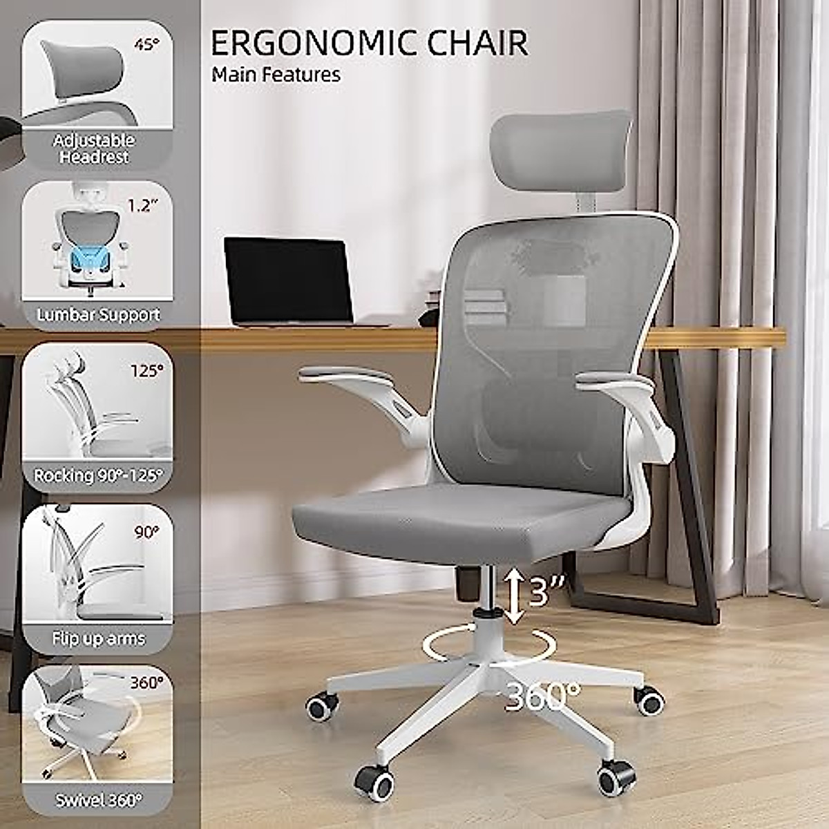 Monhey Ergonomic Office Chair, Home Office Desk Chairs with Adjustable Headrest, Lumbar Support, 2D Armrest, Big and Tall Office Chair 220lbs Heavy Duty Office Chair with Metal Base - Grey