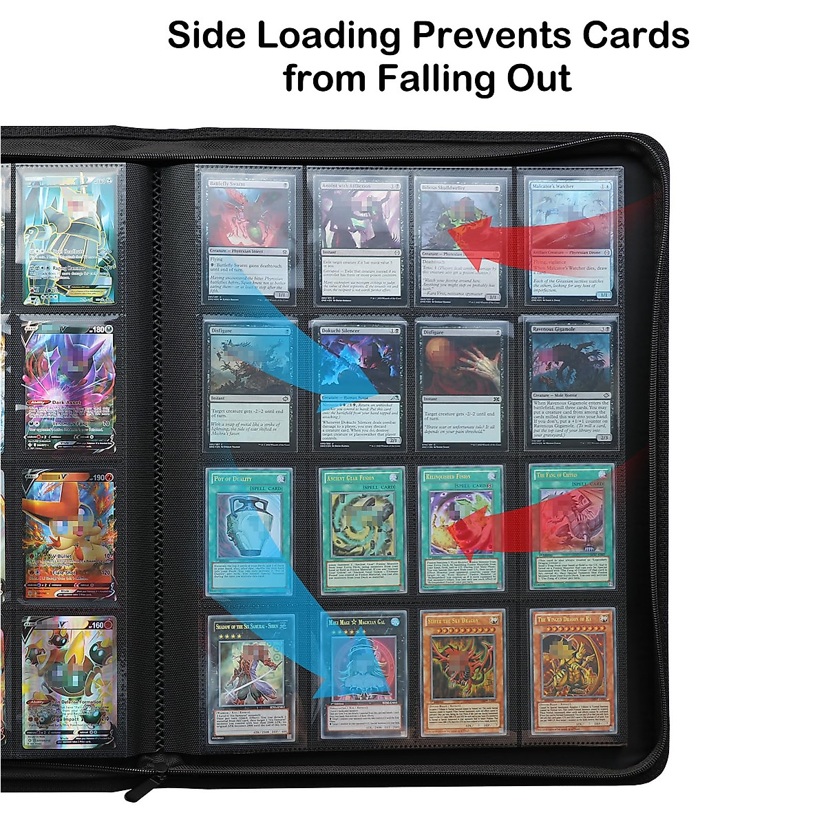 Rayvol Premium 1000+ Pockets Card Binder, 16-Pocket Ringless Trading Card Album Folder - Side Loading UltraSonic-161024 Tech Zip Binder for TCG -Black