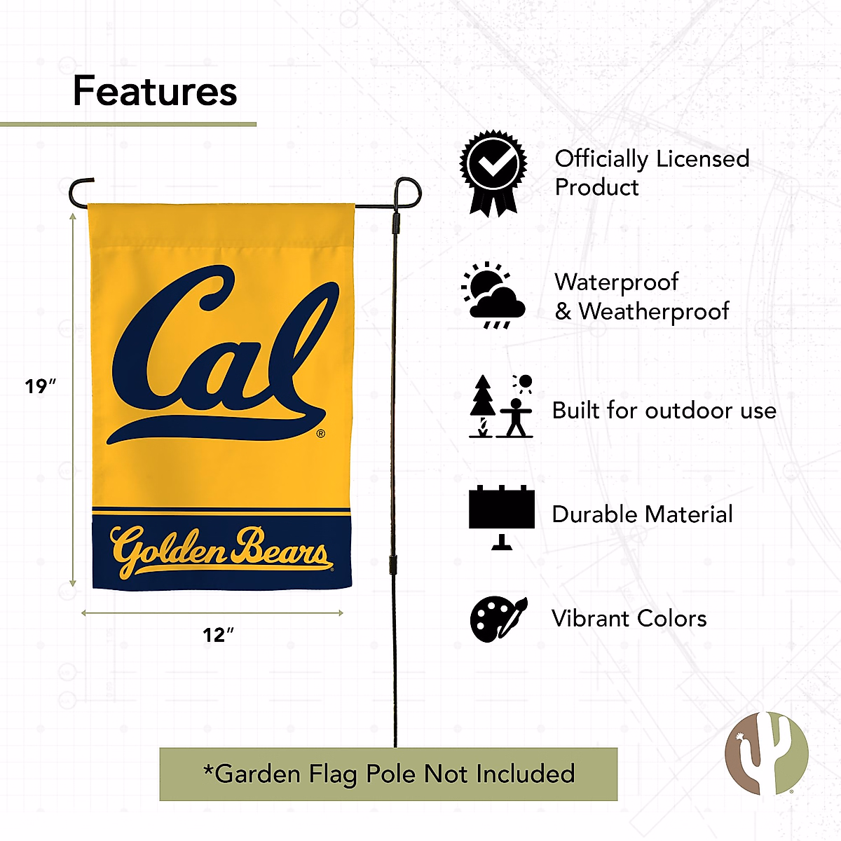 Desert Cactus University of California Berkeley UCB Garden Flag – 19 x 12 inch Golden Bears Banner, For Outdoor Display and Events (Design B)