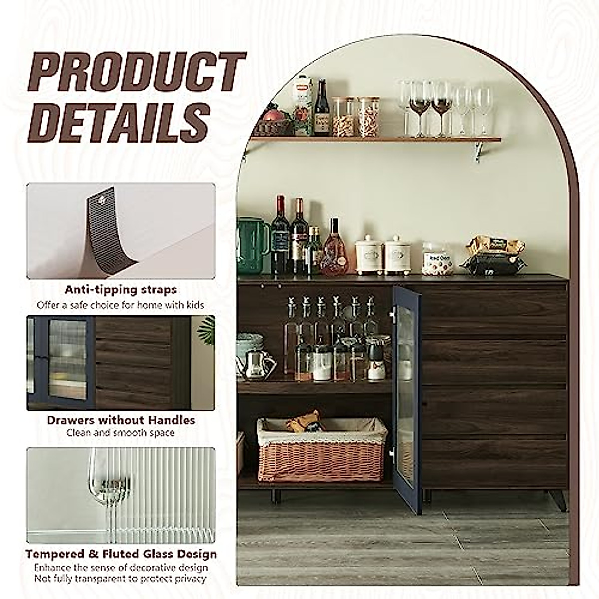 worldchoice Sideboard Buffet Cabinet 63" Wine Bar Cabinet with 4 Drawers & 2 Tempered Glass Doors Coffee Bar Cabinet Console Cabinet with Adjustable Shelf for Living Room Dining Room Kitchen, Grey