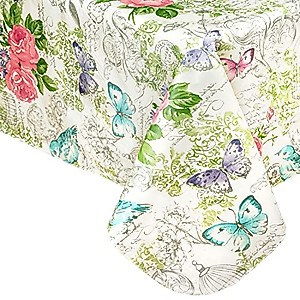 Newbridge Victoria Easter Pastel Rose Floral Vinyl Flannel Backed Tablecloth - Roses and Butterfly Spring French Country Print Vinyl Tablecloth with Flannel Backing, 60” x 102” Oblong/Rectangle