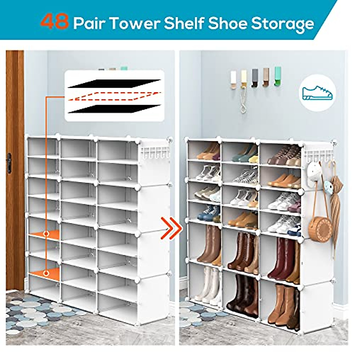 VTRIN Portable Shoe Rack Organizer 48 Pair Tower 4 Tiers for Entryway Shelf Storage Stand for Heels Boots Slippers Cabinet Narrow Standing Stackable Space Saver White