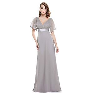 Ever-Pretty Women's Classic Chiffon Short Sleeve Pleated V-Neck Floor Length Bridesmaid Dresses Grey US14