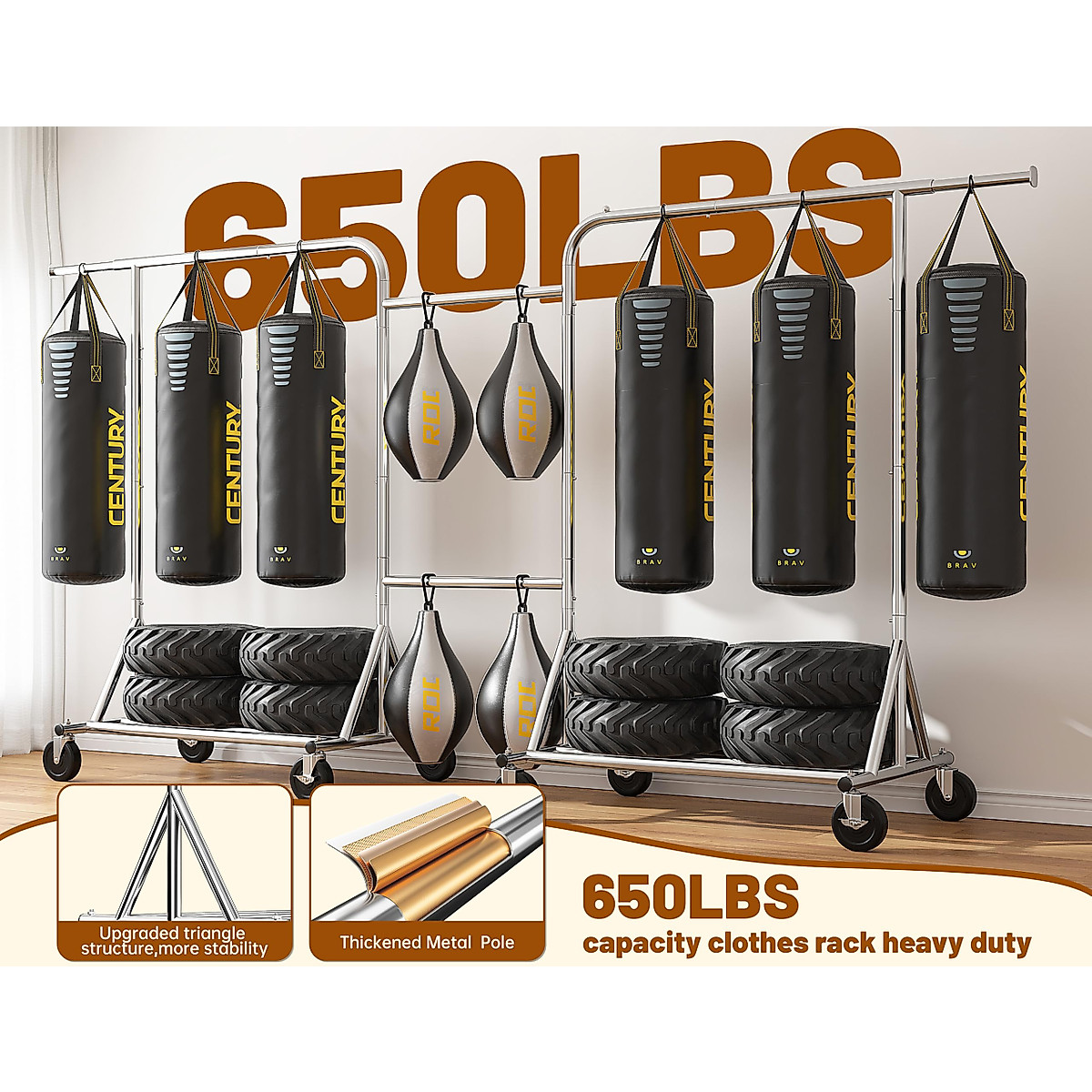 Raybee Heavy Duty Clothes Rack, Loads 650 LBS,117" W Rolling Clothes Rack with Wheels Clothing Racks for Hanging 240+ Clothes, Portable & Adjustable Commercial Garment Rack