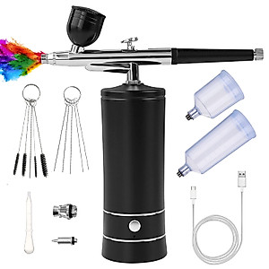 Airbrush Kit with Compressor, Air Brush Gun Rechargeable Portable High Pressure Air Brushes with 0.3mm Nozzle and Cleaning Brush Set for Painting, Tattoos, Nail, Makeup, Art, Cake Decorating (Black)