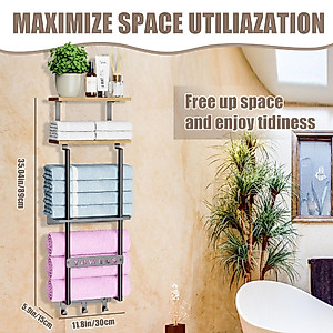 ATSKIM Wall Mounted Towel Rack for Rolled Towel, 2-Tier Detachable Wooden Shelf Bath Towel Organizer and Storage for Small Bathroom, Towel Holder for Bathroom Wall with Middle Partition (Black)