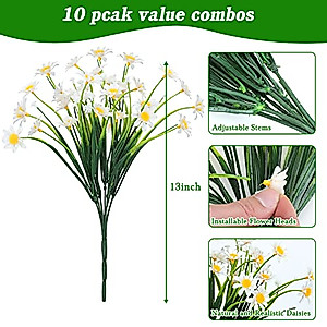 CEWOR 10 Bundles Artificial Daisies Flowers Outdoor, Fake Plastic Plants UV Resistant Faux Greenery for Hanging Planters Window Box Front Porch Indoor Outside Decorations (White)