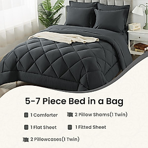 SameBed Queen Size Comforter Set, 7 Pieces Bed in a Bag, Bedding Sets with All Season Soft Quilted Lightweight Comforter, Flat Sheet, Fitted Sheet, 2 Pillow Shams, 2 Pillowcases, Dark Grey
