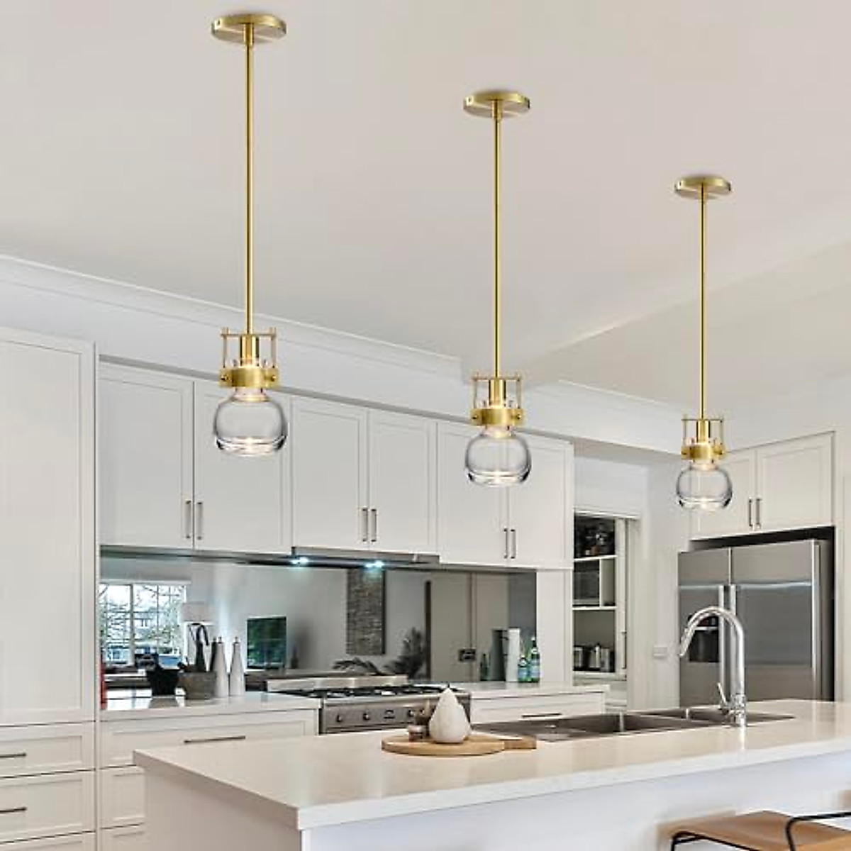 BUNKOS Modern Gold Pendant Light Hand Blown Glass Pendant Lighting for Kitchen Island Mini Globe Hanging Light Fixture in Brushed Brass Finished