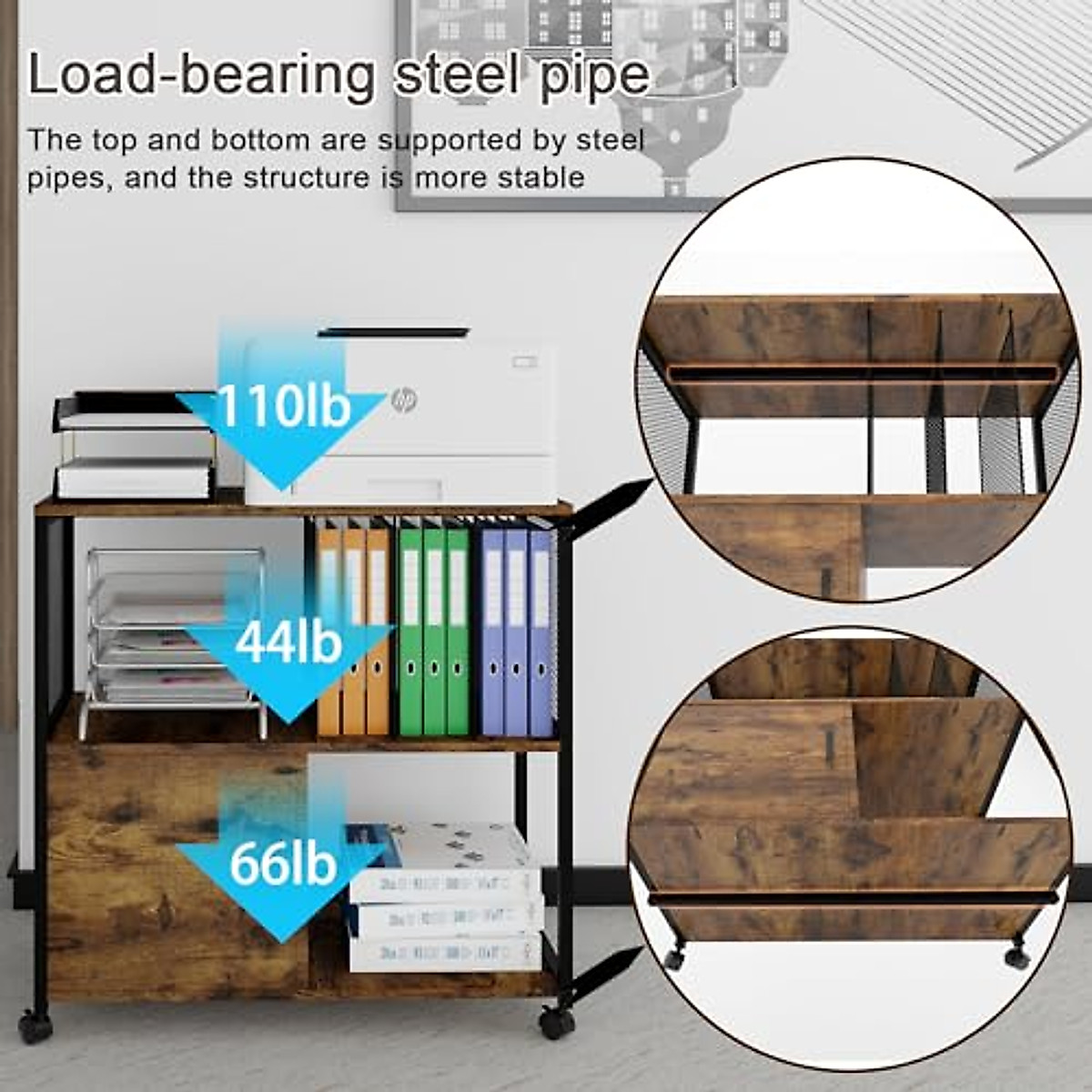 PUNCIA Mobile Wood Lateral File Archive Folder Cabinets with 3 Compartments Rack for Binder Storage Rolling Filing Printer Cabinet with Wheels and Open Storage Shelves for Home Office
