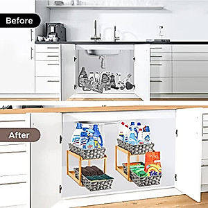 TCJJ 2-Tier Woven Baskets for Storage, Under Bathroom/Kitchen Sink Organizers and 2 Sliding Storage Bamboo Tray Bathroom Kitchen Pantry Medicine Cabinet Counter(Grey) (SBBH)