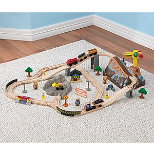 KidKraft Bucket Top Construction Wooden Train Set with Bulldozer, Working Crane, Tracks, Storage and 61 Play Pieces, Gift for Ages 3+