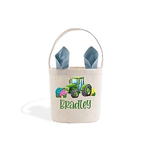 Personalized Green Farm Tractor Easter Basket with Blue or Pink Ears for Kids, Toddlers, Boys and Girls, (Blue Ears)