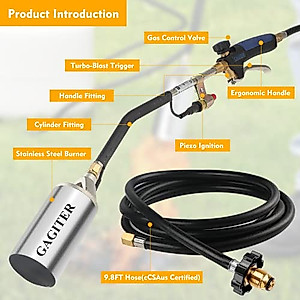 Propane Torch Weed Burner Kit,Weed Torch 800,000 BTU Blow Torch with 9.8 FT Hose Heavy Duty Flamethrower with Turbo Trigger for Flame Weeding,Roofing, Melting Ice Snow (blue)