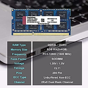 Yongxinsheng DDR3 / DDR3L 8GB Kit (4GBx2) Laptop RAM 1600MHz PC3L/PC3-12800 SODIMM Non-ECC Unbuffered 1.35V/1.5V 2Rx8 Dual Rank 204 Pin CL11 Notebook Computer Memory Upgrade Module(Blue)