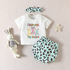 Noubeau Infant Baby Girl Easter Outfits Bunny Rabbit Print T-Shirt Tops Leopard Bloomer Shorts Bow Headband Summer Clothes (Turquoise, 6-9 Months)