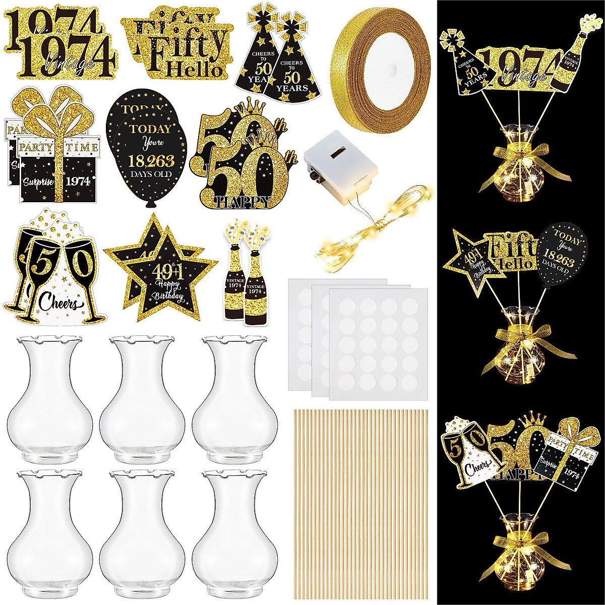 Yeaqee 31 Pcs Sets 50th 60th 70th Birthday Party Decorations Birthday Table Centerpiece Black and Gold Centerpieces for Tables Birthday Sticks Table Toppers with LED Lights Plastic Jar Ribbon(50th)