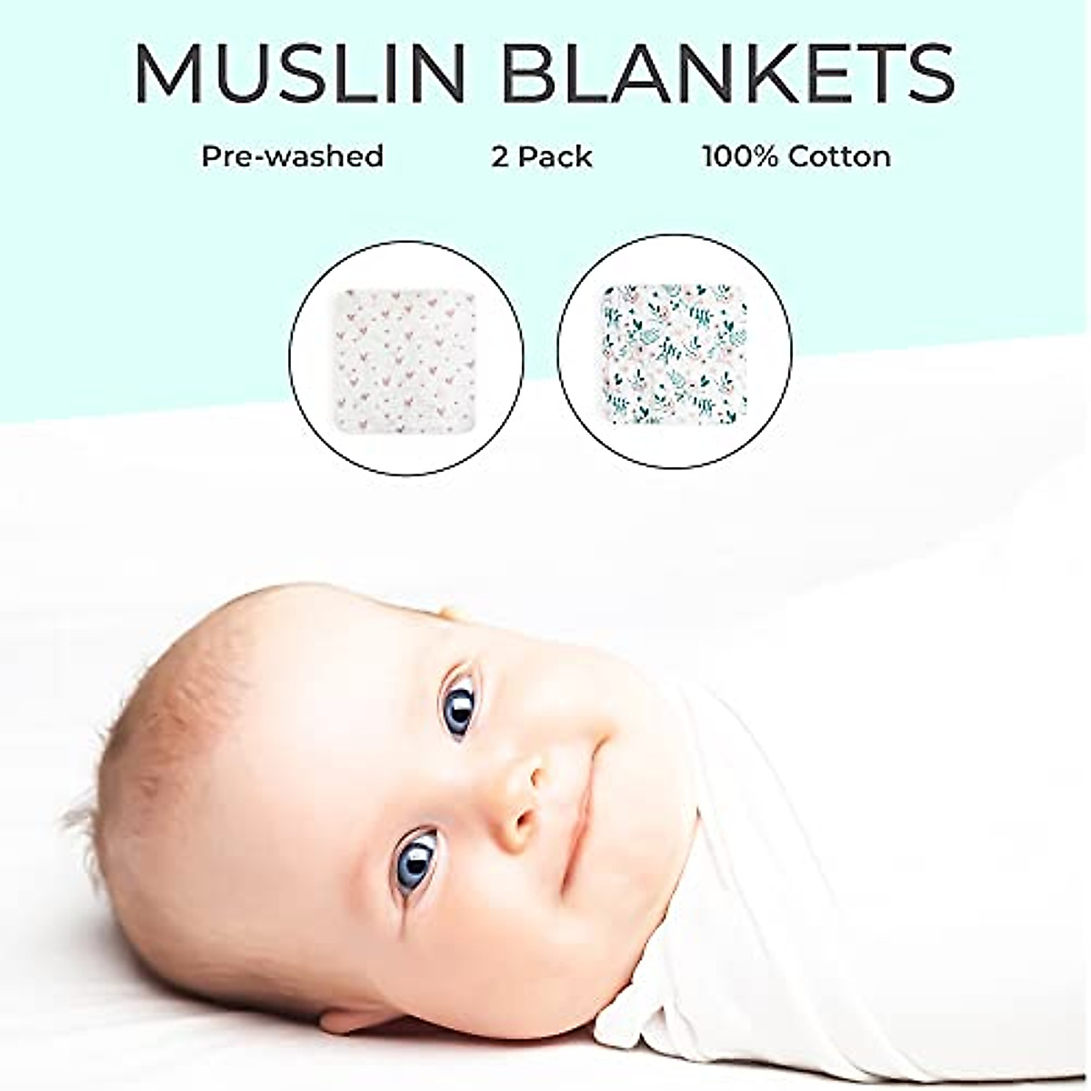 MODERN BABY Muslin Swaddle Blankets Newborn 2 Pack Soft Baby Wraps for Baby Girl 100% Cotton, White Floral