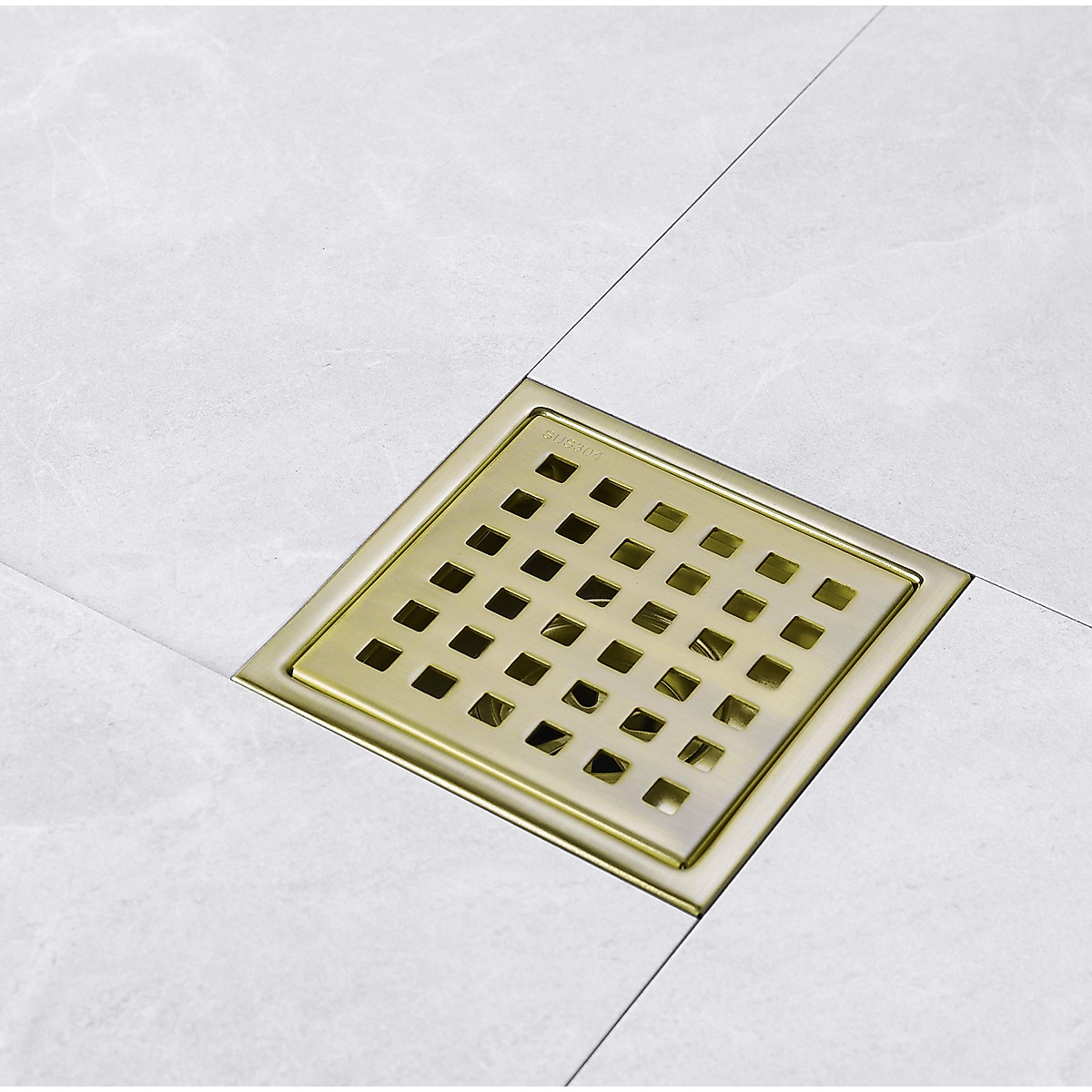 Orhemus 4 Inch Square Shower Drain with Adjustable Shower Drain Base Flange, SUS 304 Stainless Steel Floor Drain with Removable Cover Grid Grate, Brushed Gold Brass Finished