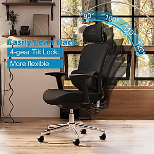 GABRYLLY Ergonomic Mesh Office Chair, Home Desk Chair with Adjustable Lumbar Support, 3D Armrest, Headrest, 4-Level Tilt Back, High Back Ergonomic Chairs with Wide Cushion Seat