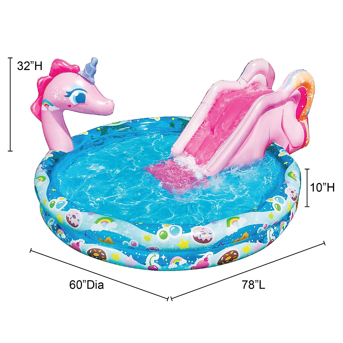 BANZAI Spray 'N Splash Unicorn Pool, Length: 78 in, Width: 60 in, Height: 32 in, Inflatable Outdoor Backyard Water Slide Splash Toy