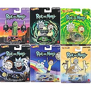 Hot Wheels Galactic Rick & Morty Cars Vans Spaceships Pop Culture Premium Set Bundle Volkswagen Bus + VW T1 + Ford Super Transit & Flying Saucer Ship 6 Items