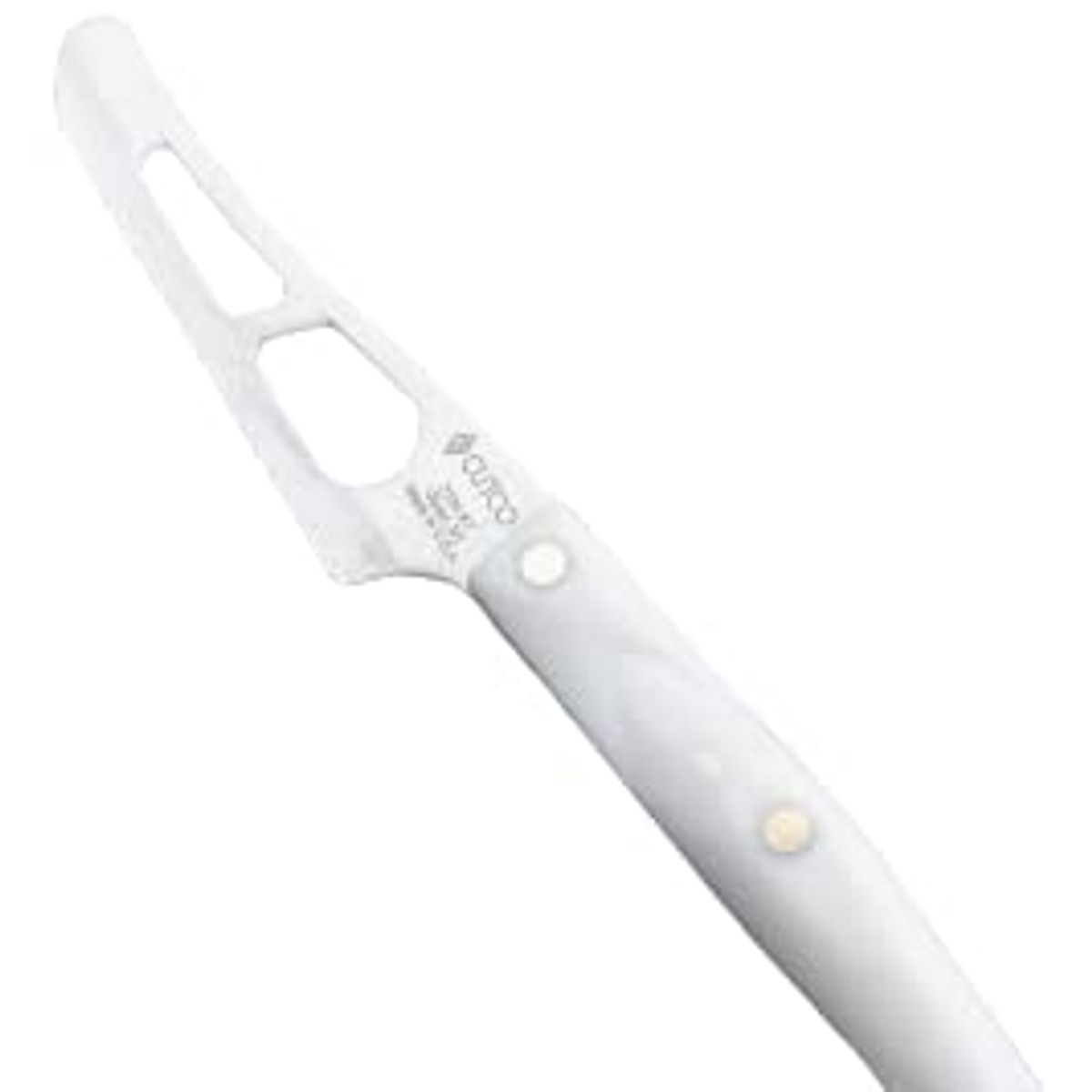 CUTCO Model 2164 Petite Cheese Knife with 5" White (Pearl) Handle and 3.8" Micro-D® serrated edge blade.In Factory-sealed plastic bag.