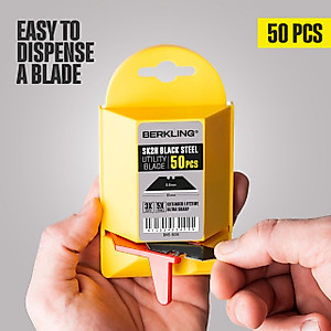 Berkling Utility Knife Blades 50 PCS With Dispenser, SK2H Laser Sharpened Hardened Black Carbon Steel, Ultra 3X Sharper, and 5X More Durable, Standard T-Shape Replacement Box Cutter Razor Blades